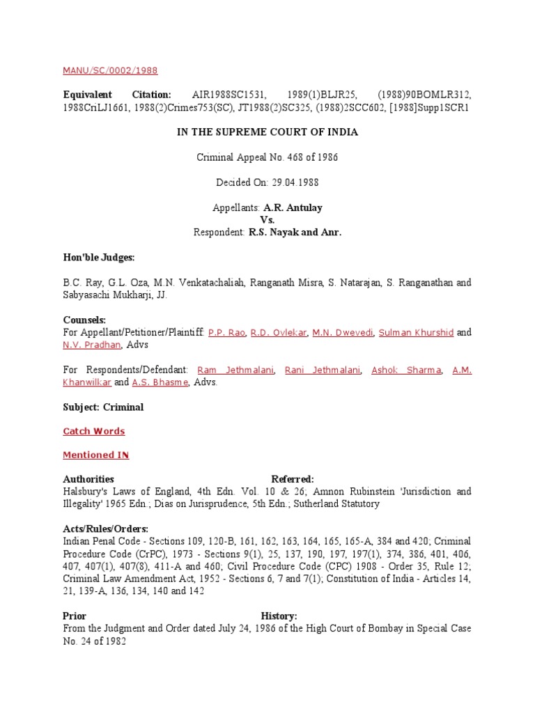 A R ANTULAY V R S NAYAK | PDF | Appeal | Supreme Court Of India