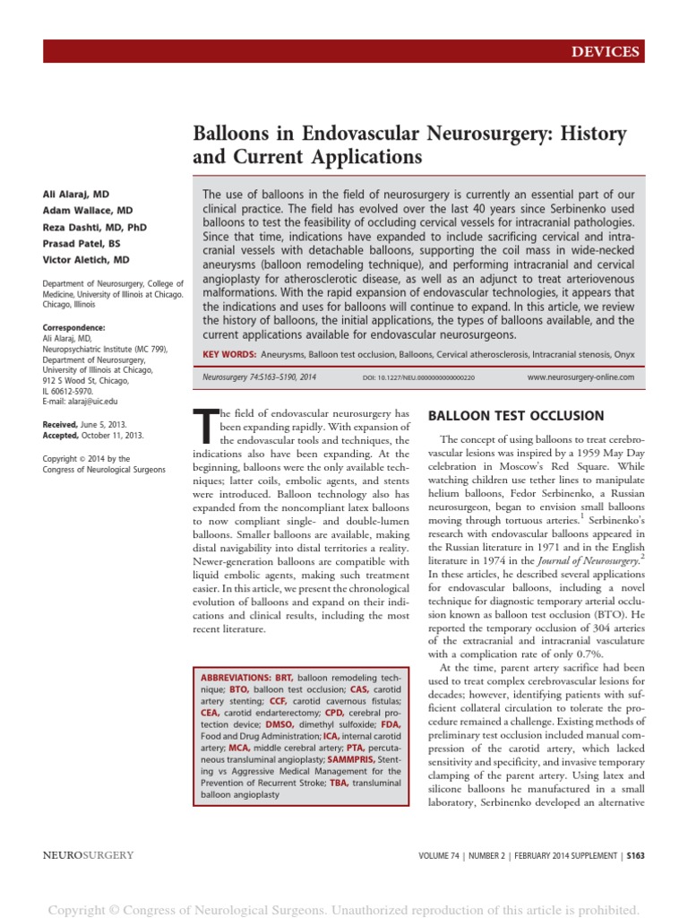Balloons in Endovascular Neurosurgery: History and Current Applications ...