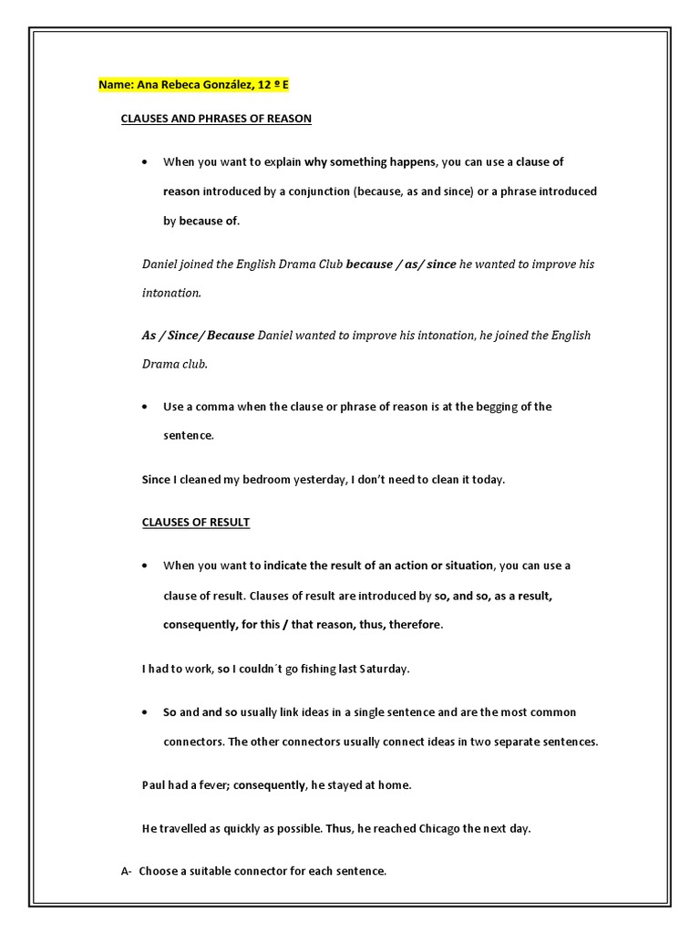 Clauses of Reason Clauses of Result | PDF | Sentence (Linguistics ...