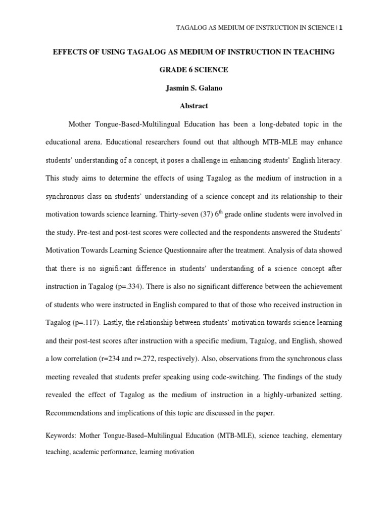 Effects of Using Tagalog As Medium of Instruction in Teaching Grade 6 ...