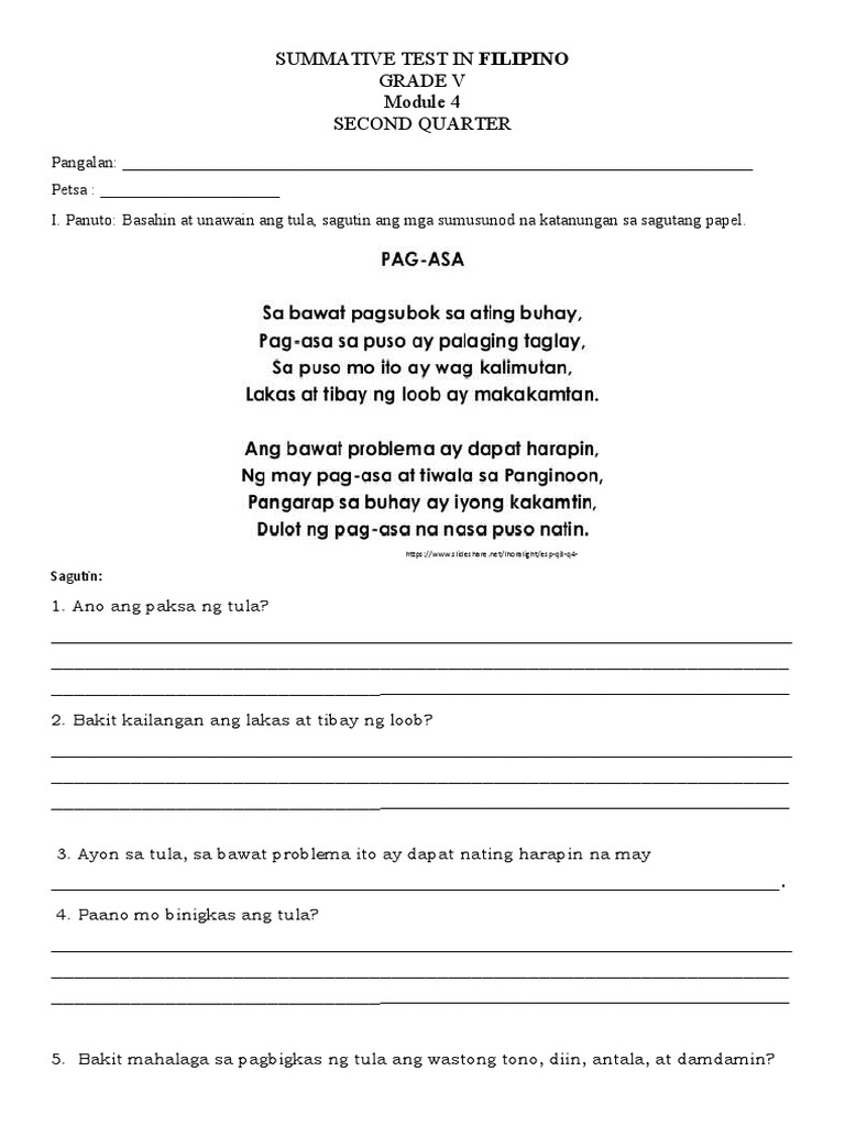 Summative Test in Filipino | PDF
