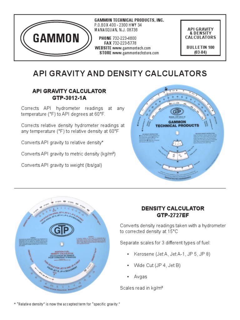 Gammon: Api Gravity and Density Calculators | PDF | Density ...