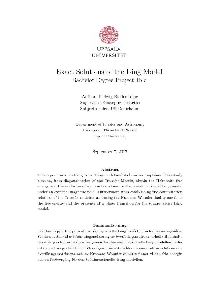 Exact Solutions of The Ising Model - Ludwig Ridderstolpe | PDF ...