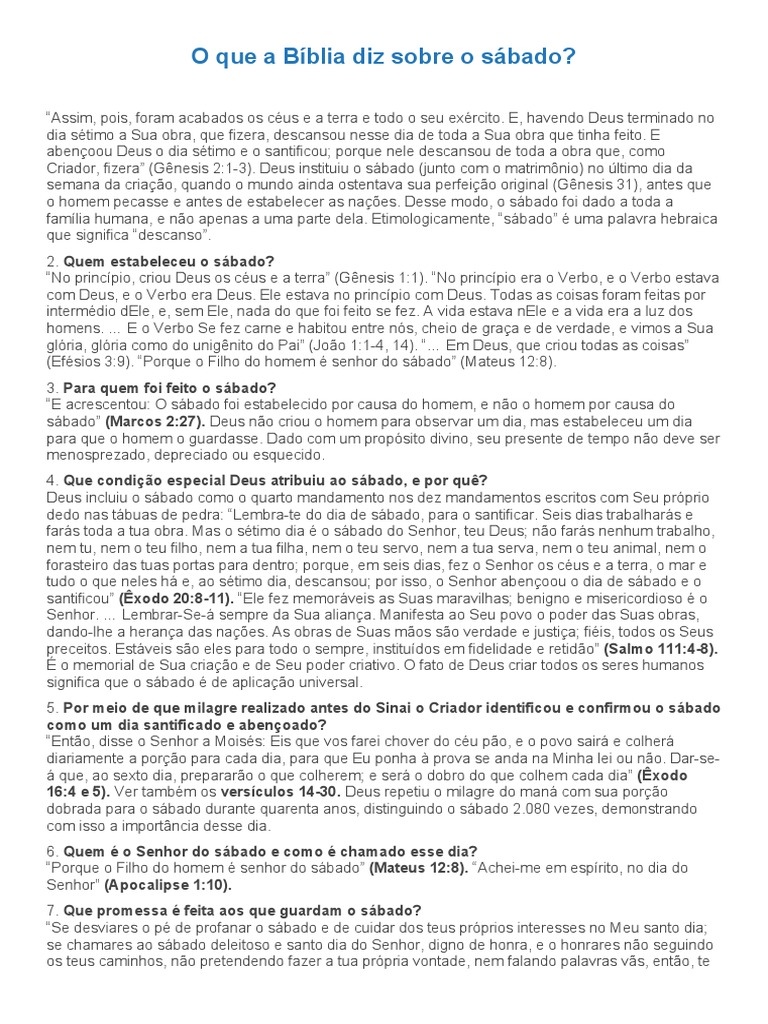 O que a Bíblia ensina sobre o sábado | PDF | Shabat | Sobrenatural
