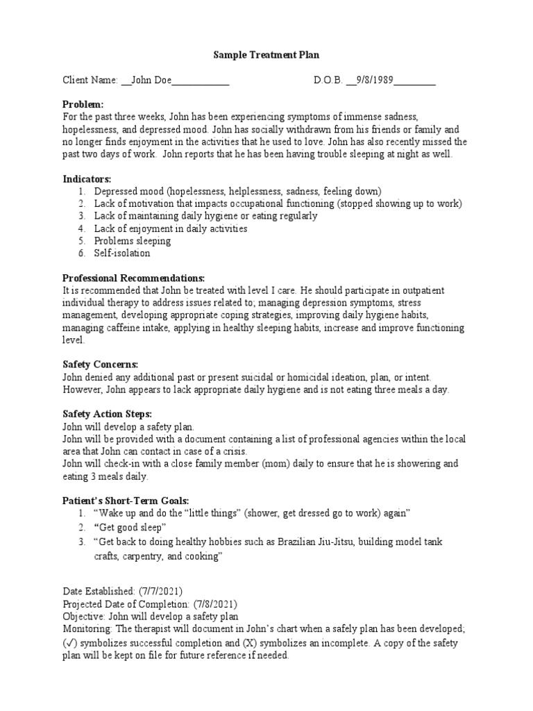 Sample Depression Treatment Plan | PDF | Depression (Mood) | Psychiatry ...