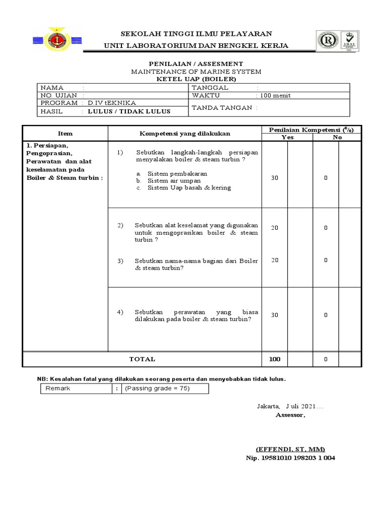 ASSESSMENT PRAKTEK PERBENGKELAN ATT-III Boiler Steam Turbin - ANGK. 29 ...