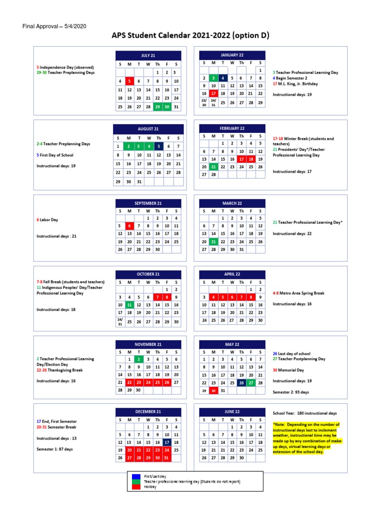 5-02 Revisions To Student Calendar For School Year 2021-2022 Option D ...