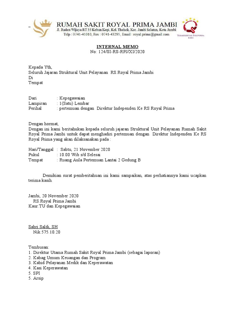 Undangan Rapat Internal RS Royal Prima | PDF