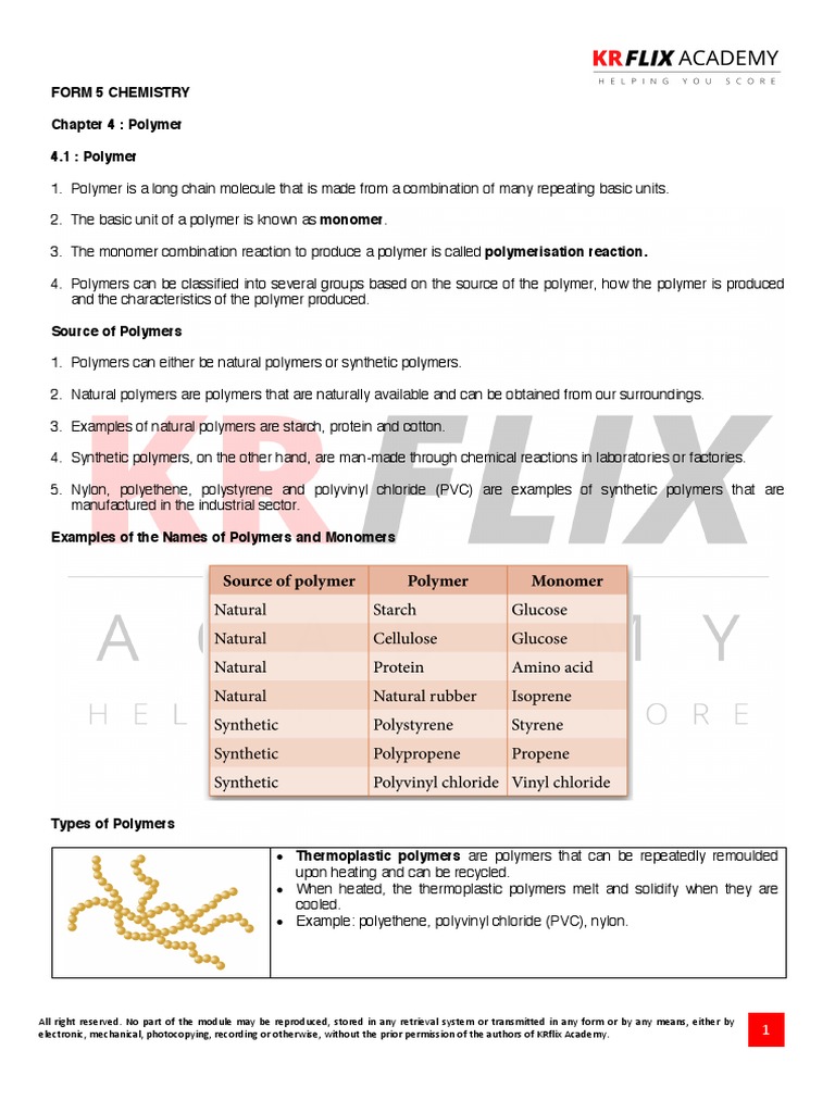 Form 5 Chemistry - Chapter 4: Polymer (Part 1) | PDF | Polymerization ...