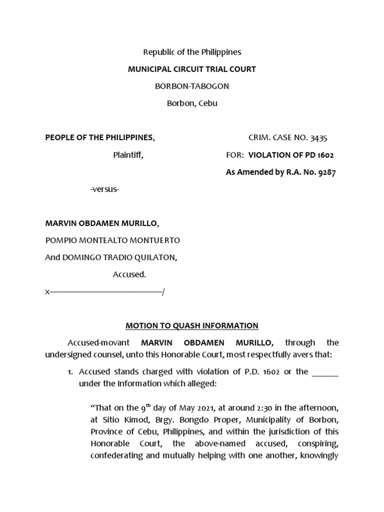 Motion To Quash Information | PDF | Search Warrant | Public Law