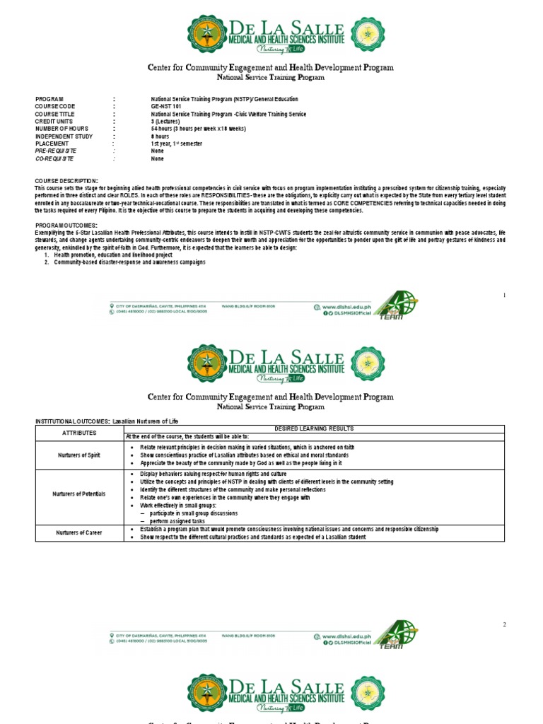 NSTP 101 - CWTS Syllabus AY 2020-2021 | PDF | Substance Abuse | Service Learning