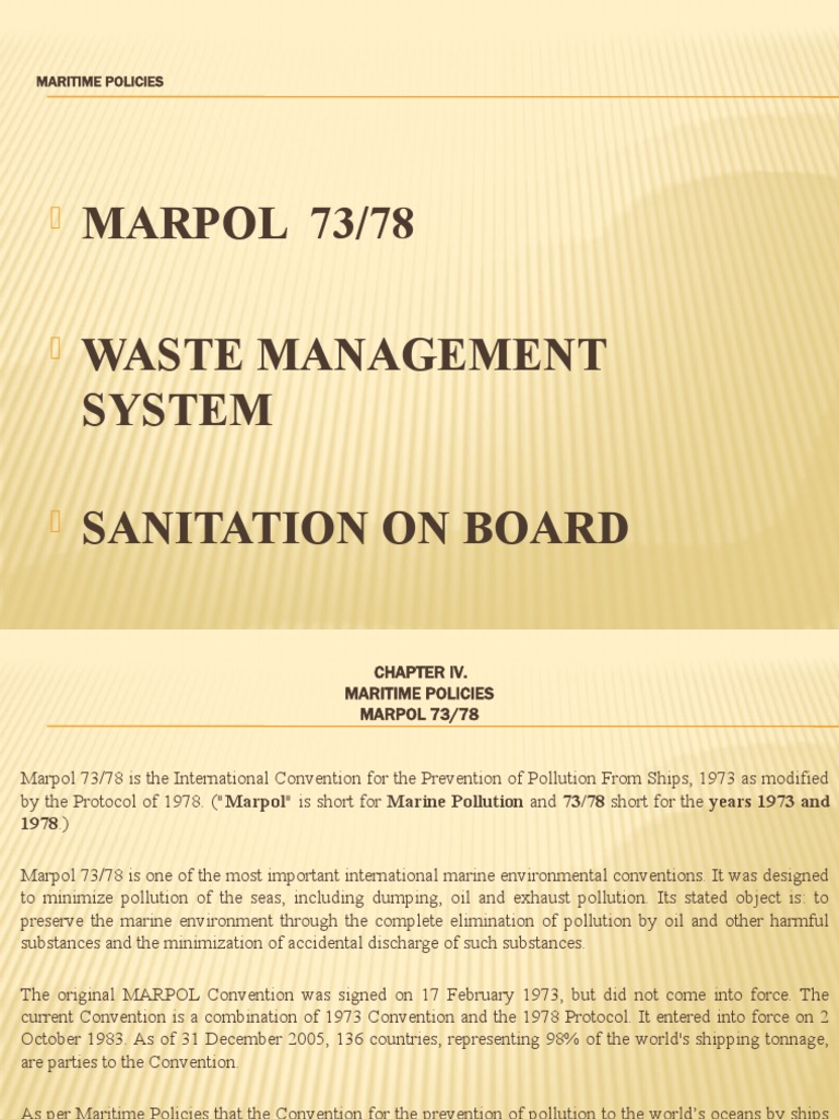 MARPOL 73/78 Waste Management System Sanitation On Board: Maritime ...