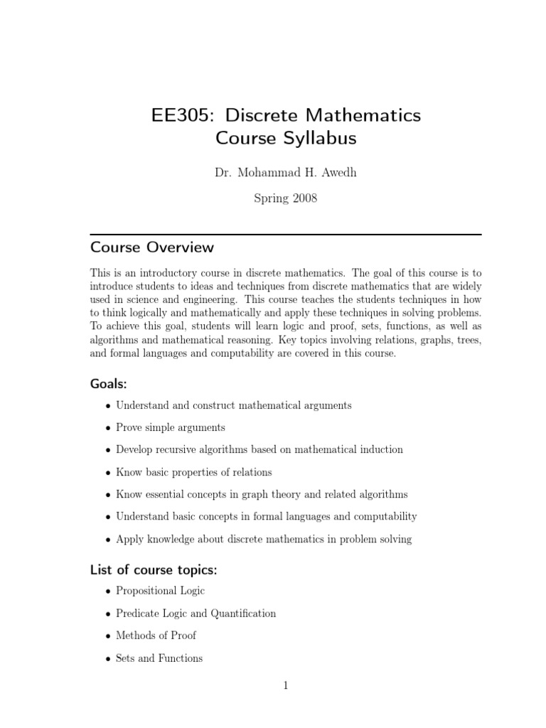EE305: Discrete Mathematics Course Syllabus | PDF | Algorithms | Discrete Mathematics