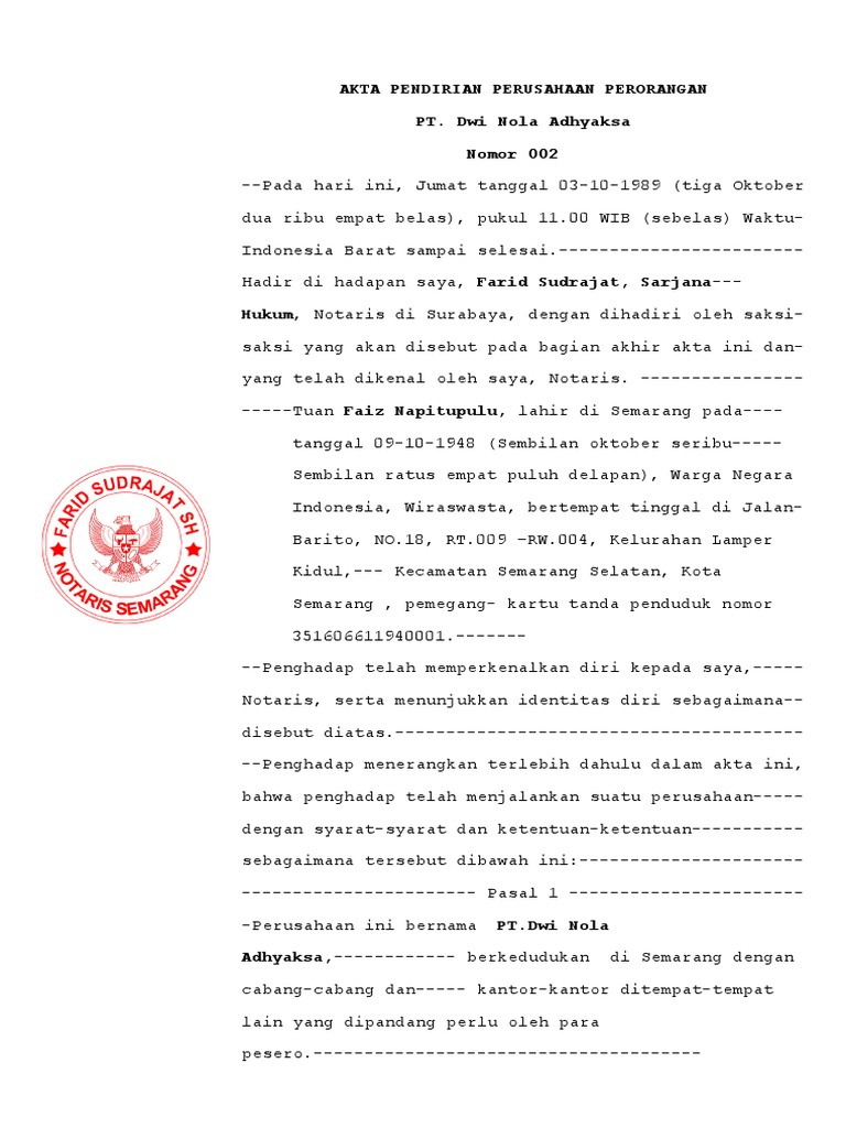 Akta Pendirian Dwinola Adhyaksa Dan Cap Notaris | PDF | Komputer