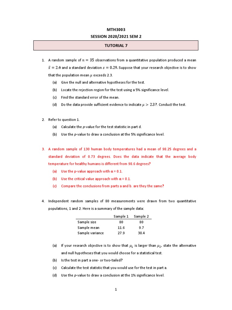 Tutorial 7 Pdf Statistical Hypothesis Testing P Value