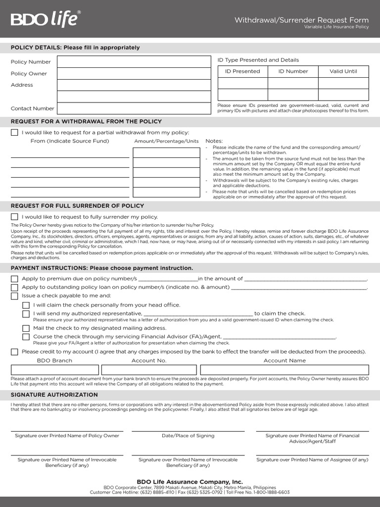 VL Insurance Policy Withdrawal Surrender Request Form Fillable | PDF ...