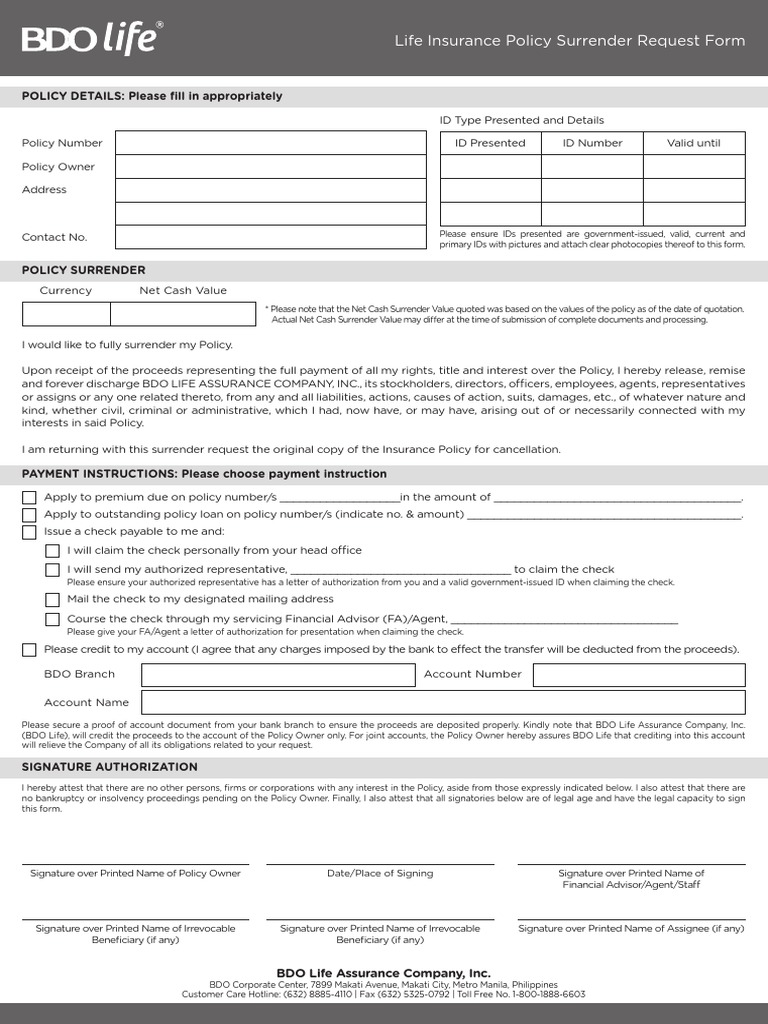 Life Insurance Policy Surrender Request Form FIllable | PDF | Life ...