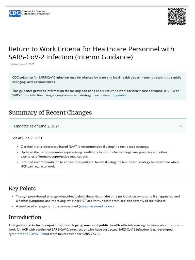 Return to Work Guidelines for Healthcare Workers | PDF | Infection ...
