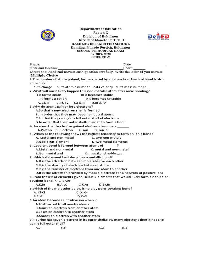 Grade 9 Science 2nd Quarter Exam | PDF | Ion | Ionic Bonding