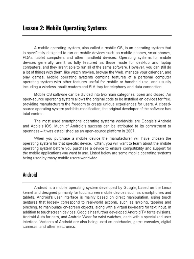 Ch3 - Lesson 2 - Mobile Operating Systems | PDF | Ios | Windows Phone