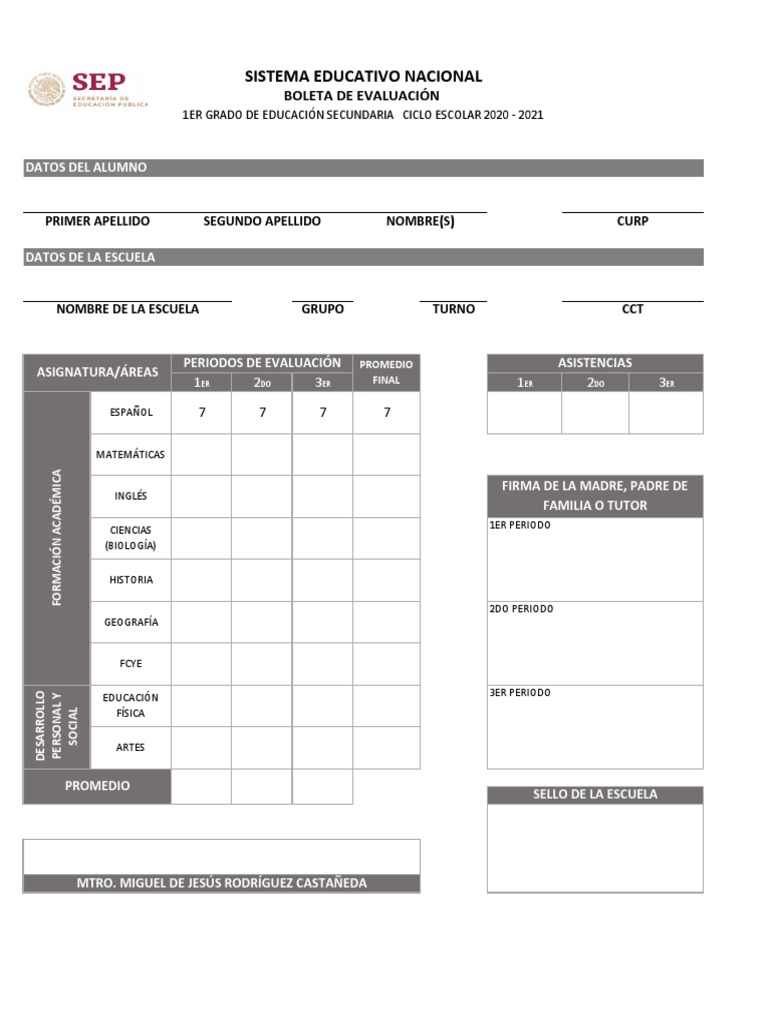 Plantilla De Boleta De Calificaciones En Blanco