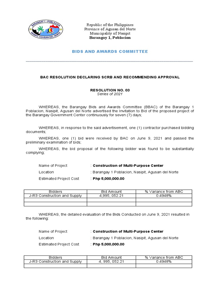 1 BAC Resolution Declaring SCRB and Recommending Approval Brgy 4 | PDF ...