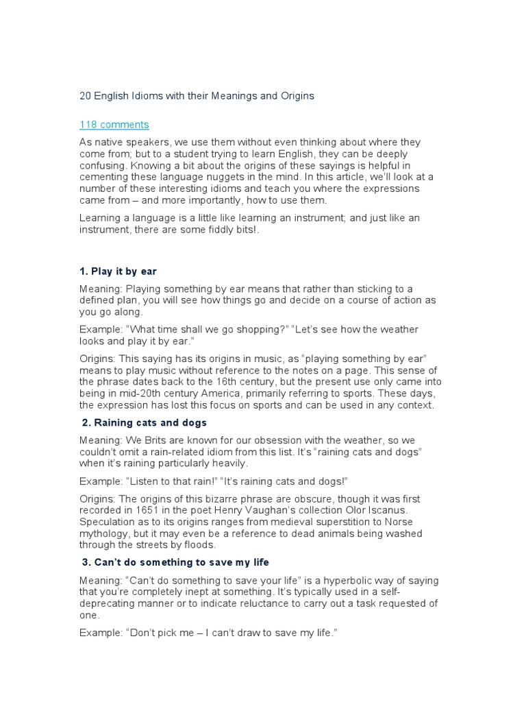 20 English Idioms With Their Meanings and Origins | PDF