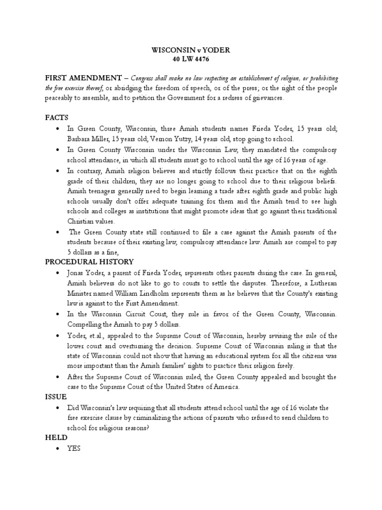 Wisconsin V Yoder - Freedom of Religion | PDF | First Amendment To The ...