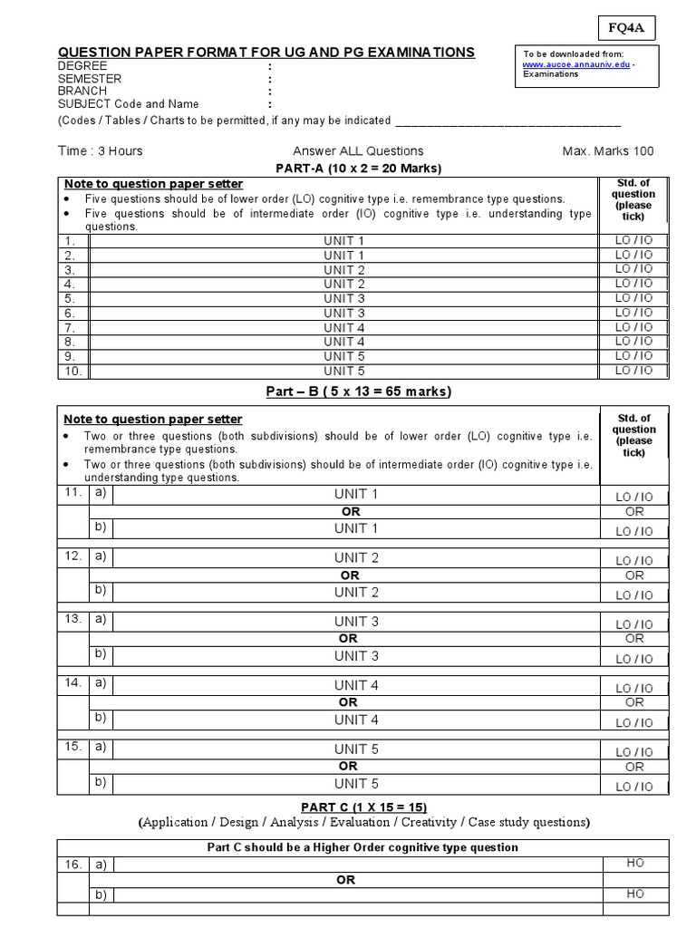 Question Paper Format For Ug and PG Examinations Fq4A: Ime: 3 Hours ...