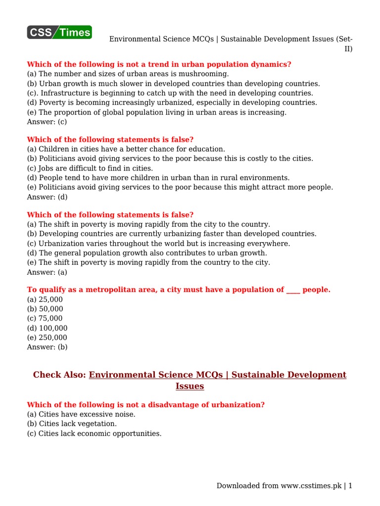 Environmental Science MCQs - Sustainable Development Issues (Set-II ...