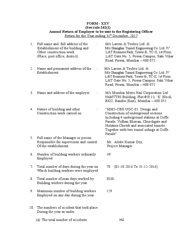 Form - XXV (See Rule 242 (1) Annual Return of Employer To Be Sent To ...