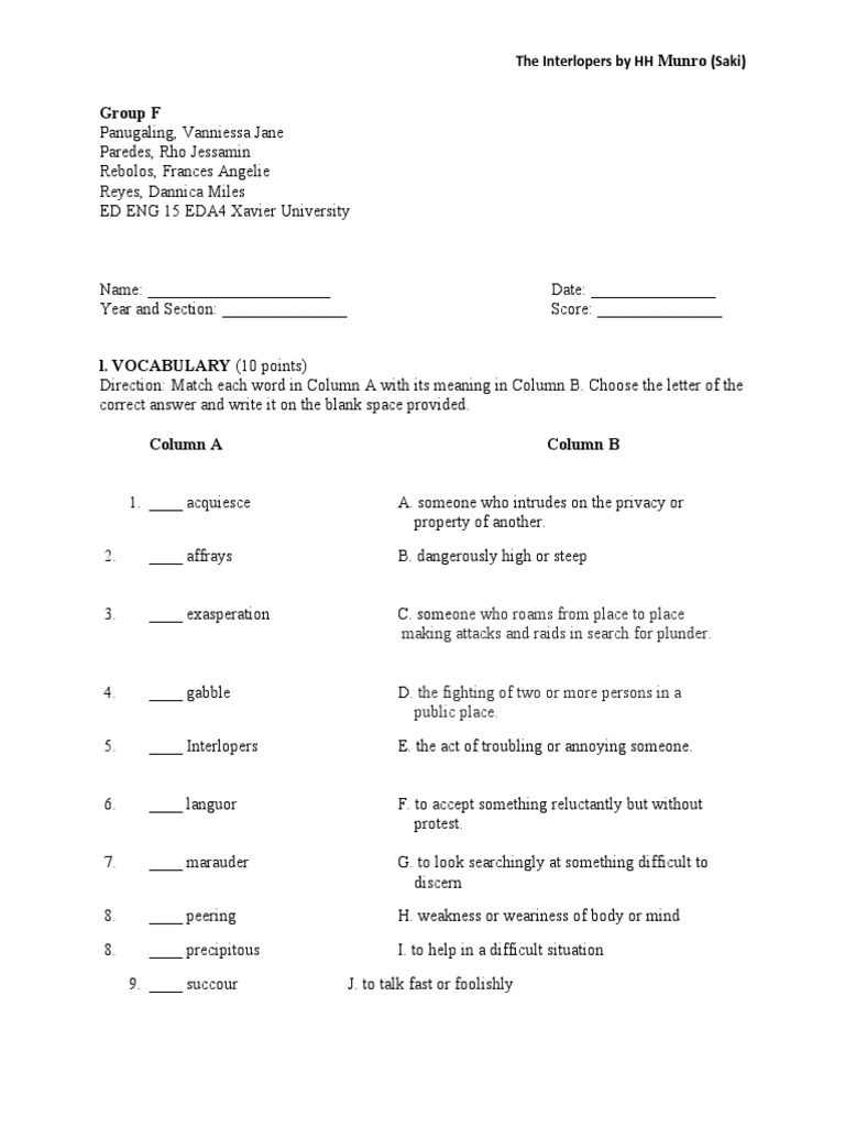 Worksheet 9 - The Interlopers | PDF | Saki