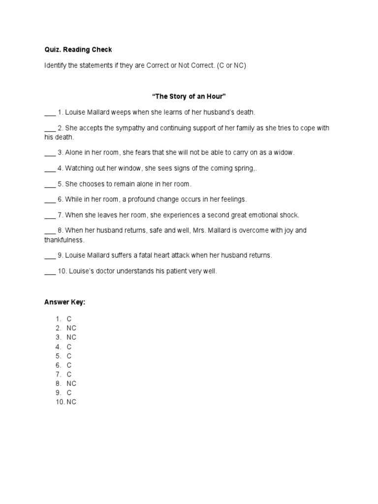 The Story of An Hour-Quiz | PDF