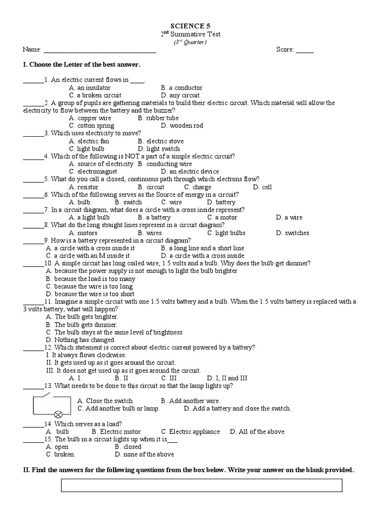 5th Grade Electricity Test Answers | PDF | Electric Current | Electricity