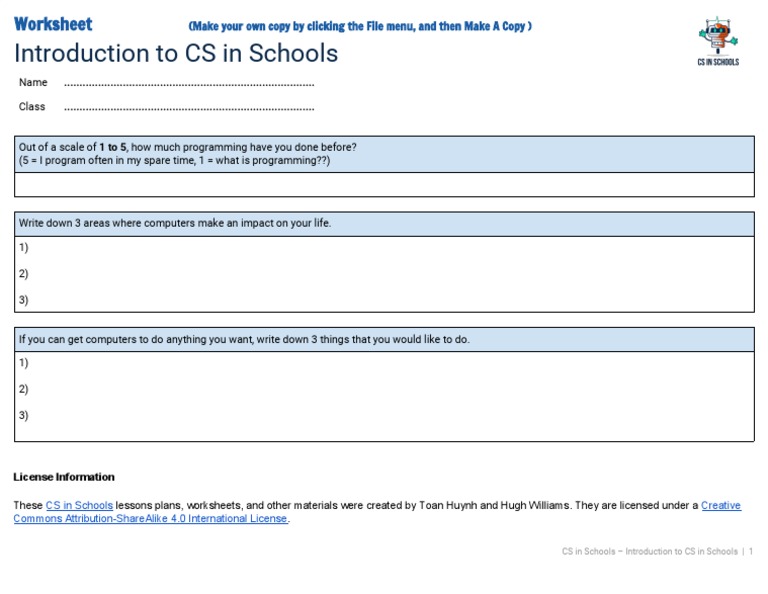 Worksheet - Introduction To CS in Schools | PDF