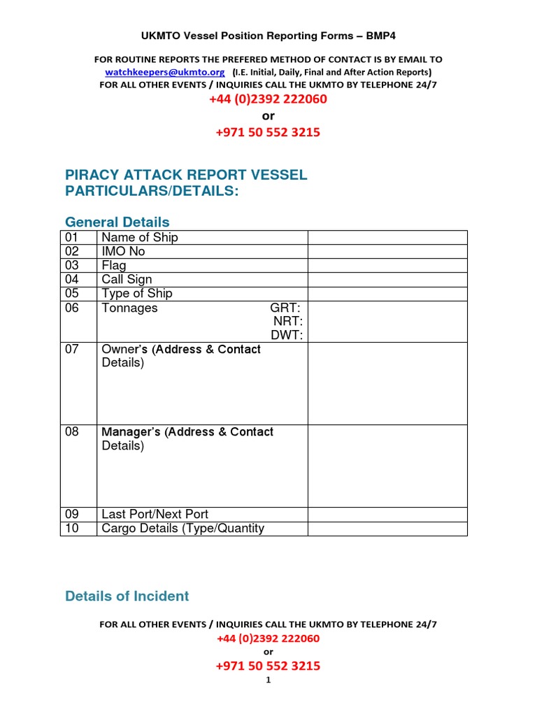 UKMTO Vessel Reporting Guidelines | PDF | Ships | Piracy
