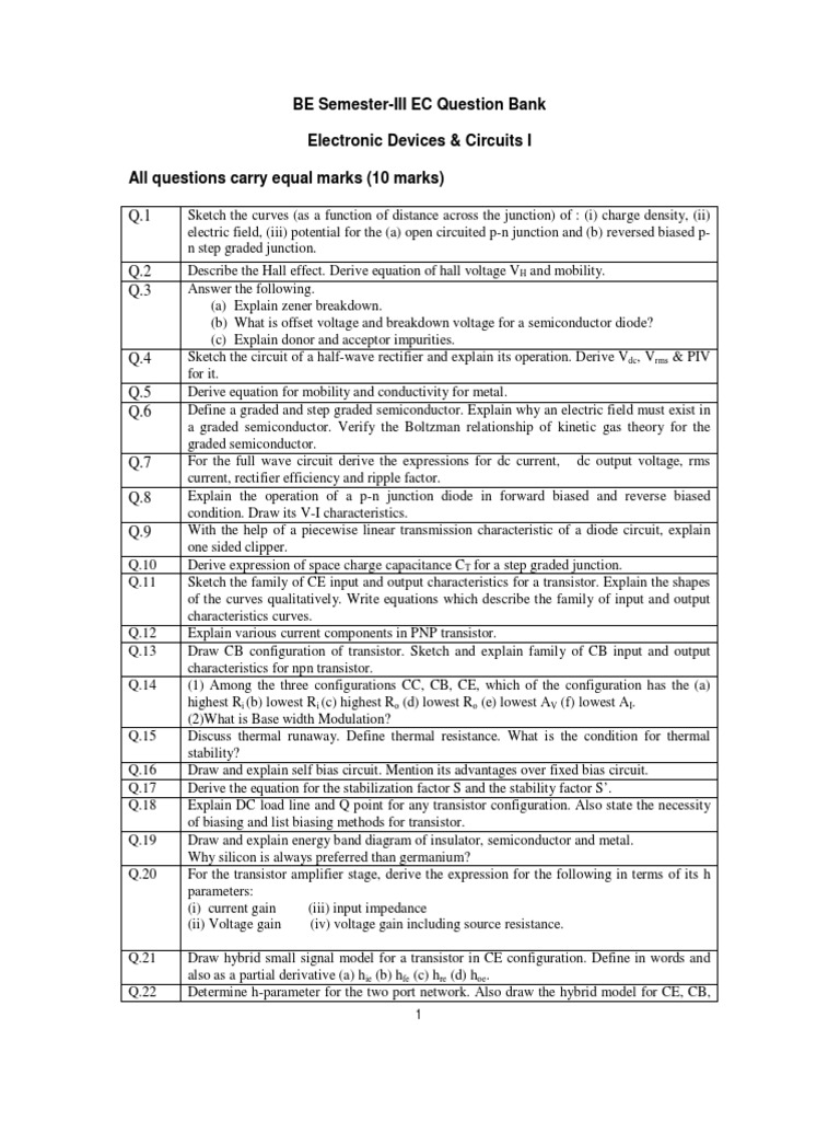BE Semester-III EC Question Bank Electronic Devices & Circuits I All ...