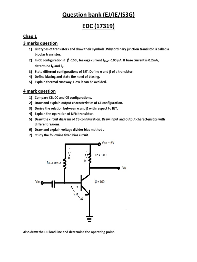 Question Bank (EJ/IE/IS3G) EDC (17319) | PDF | Amplifier | Field Effect Transistor