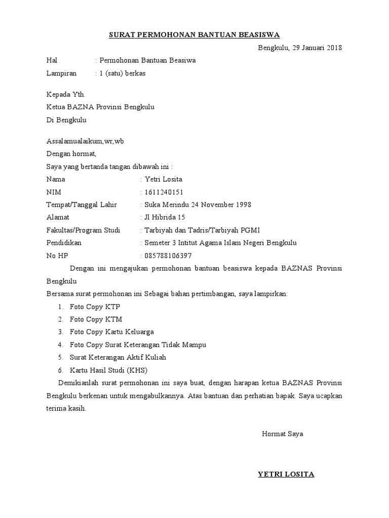 Surat Permohonan Beasiswa Baznas | PDF