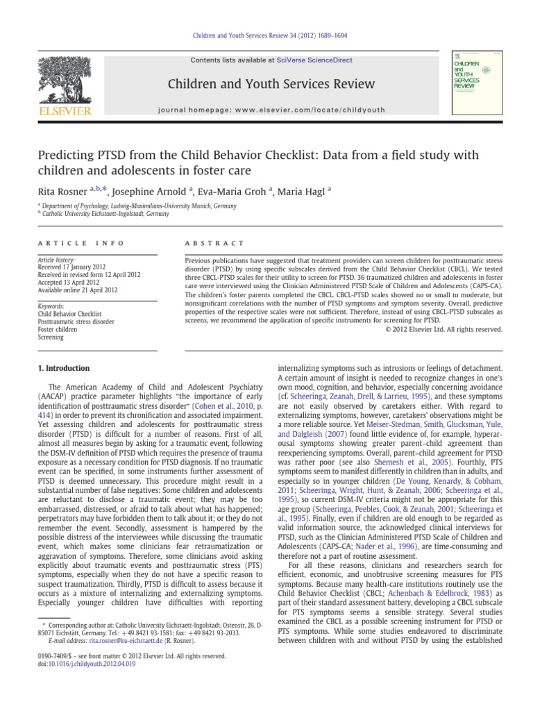 Predicting PTSD From The Child Behavior Checklist - Data From A Field ...