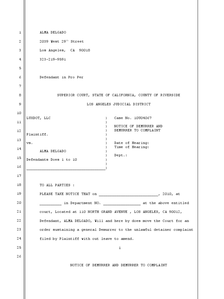 Demurrer Sample | PDF | Demurrer | Eviction