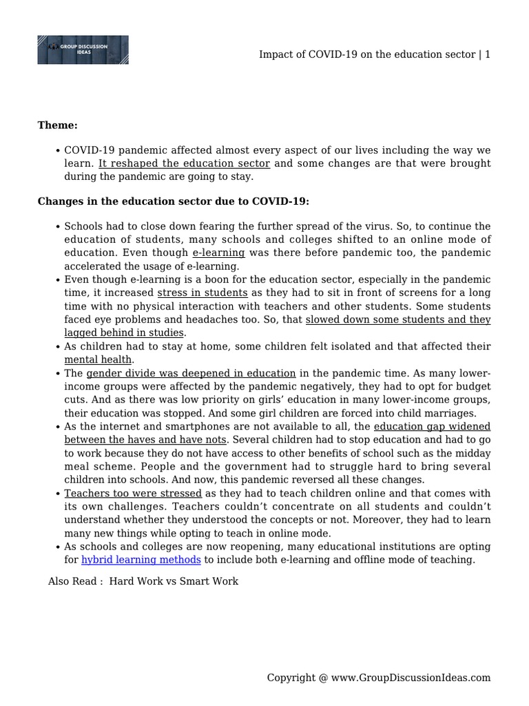 Impact of COVID-19 On The Education Sector | PDF | Educational ...