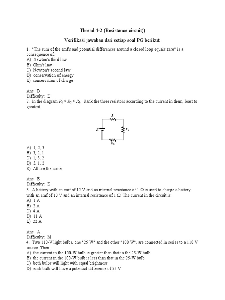 Resistance Circuit Quiz Answers | PDF | Series And Parallel Circuits ...