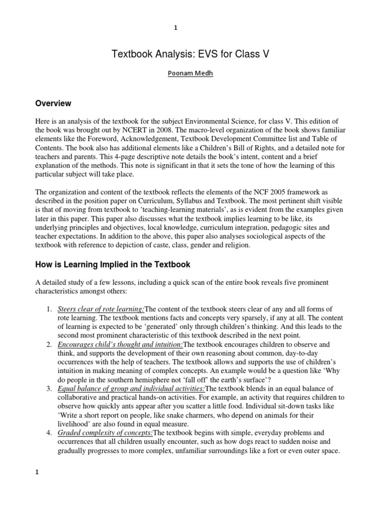 EVS Textbook Analysis for Class V | PDF | Teachers | Curriculum