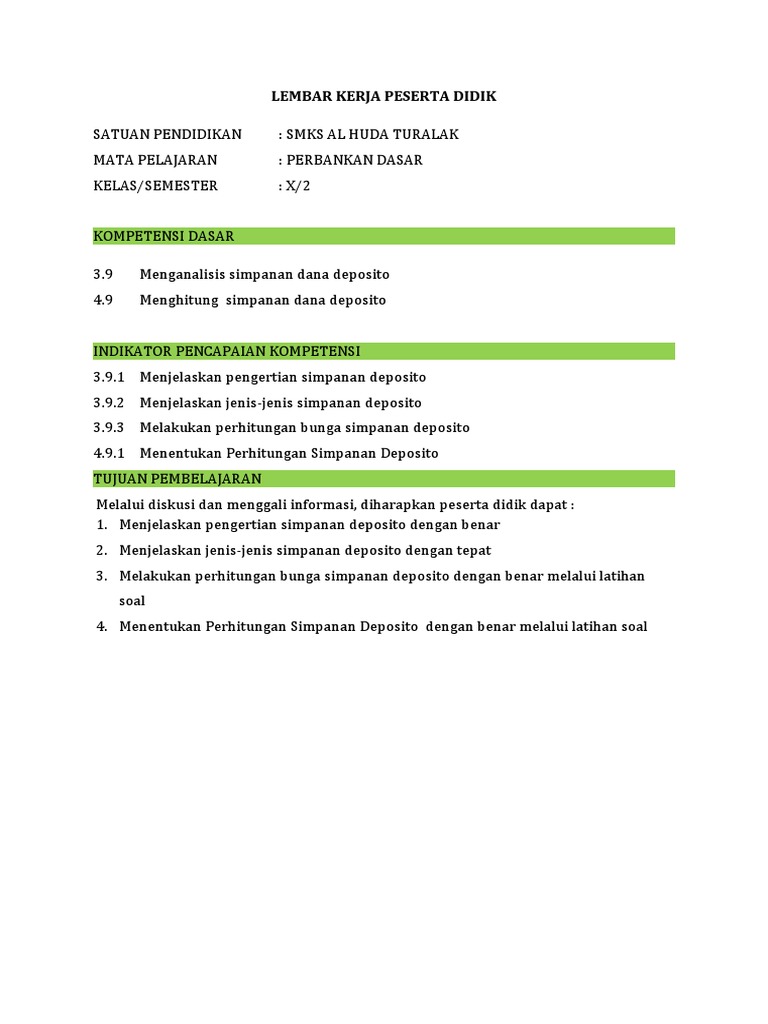 Lembar Kerja Simpanan Deposito dan Kredit | PDF