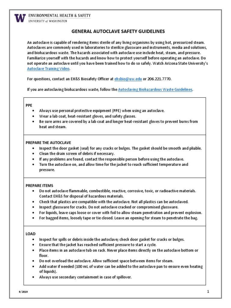 General Autoclave Safety Guidelines: Autoclave Training Video Ehsbio@uw ...