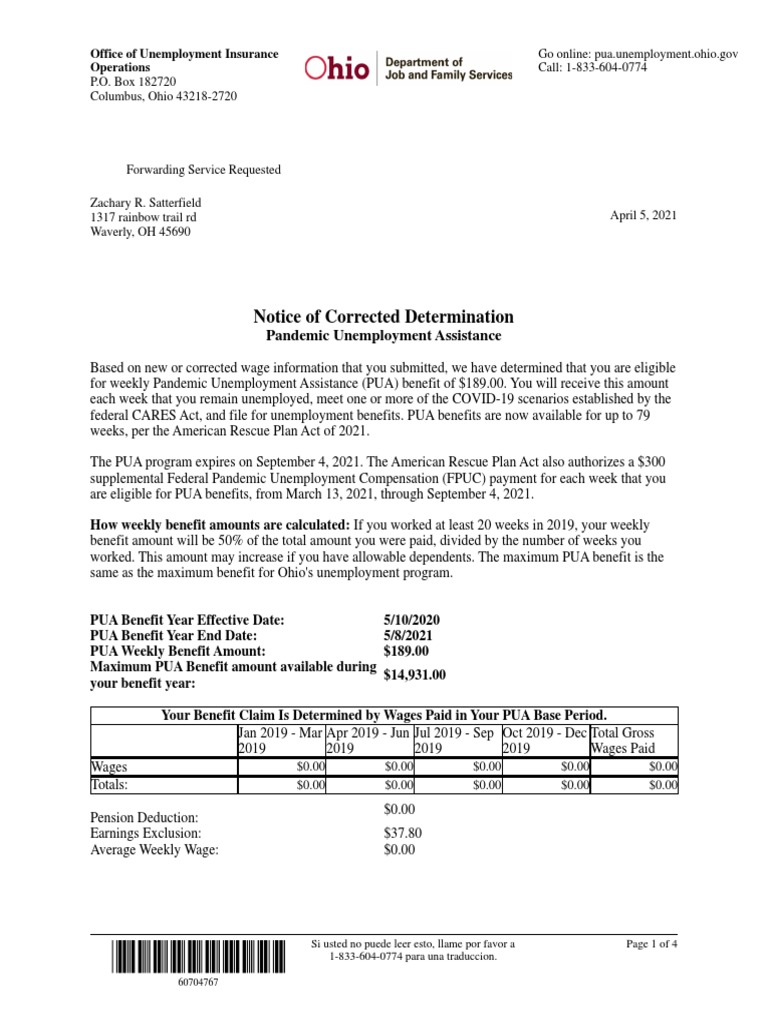 Notice of Corrected Determination: Pandemic Unemployment Assistance ...