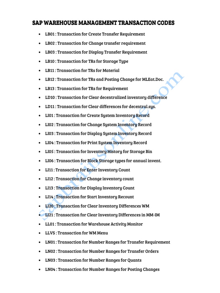 Sap Warehouse Management Transaction Codes | PDF | Warehouse | Inventory