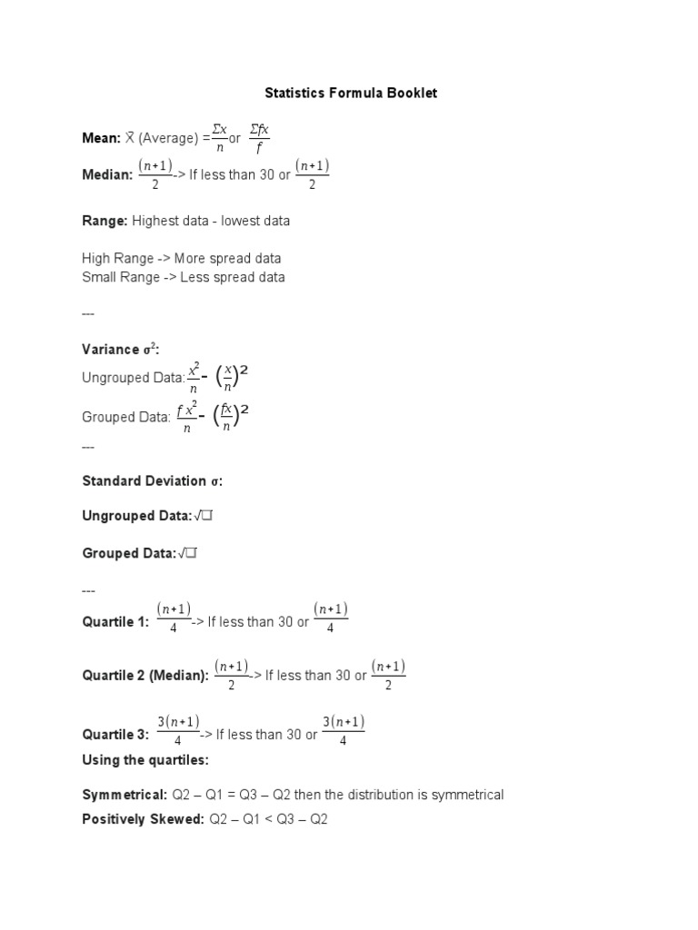 Statistics Formula Booklet | PDF | Skewness | Quartile