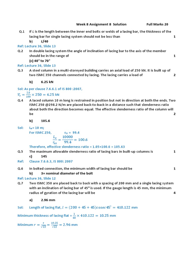 Week 8 Assignment 8 Solution Full Marks 20 | PDF | Column | Mechanical Engineering